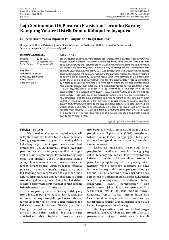 (PDF) Laju Sedimentasi Di Perairan Ekosistem Terumbu Karang Kampung ...