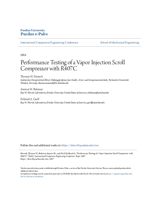 (PDF) Performance Testing of a Vapor Injection Scroll Compressor with R407C
