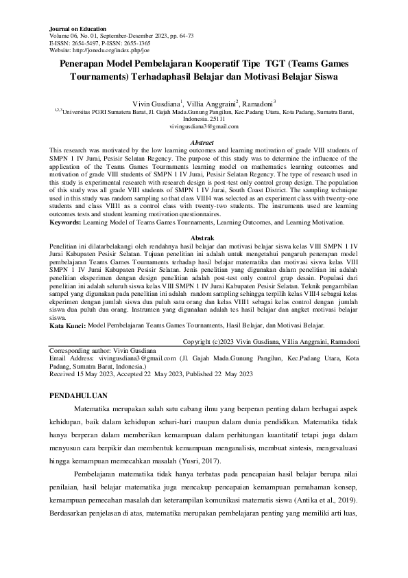 (PDF) Penerapan Model Pembelajaran Kooperatif Tipe TGT (Teams Games Tournaments) Terhadaphasil ...