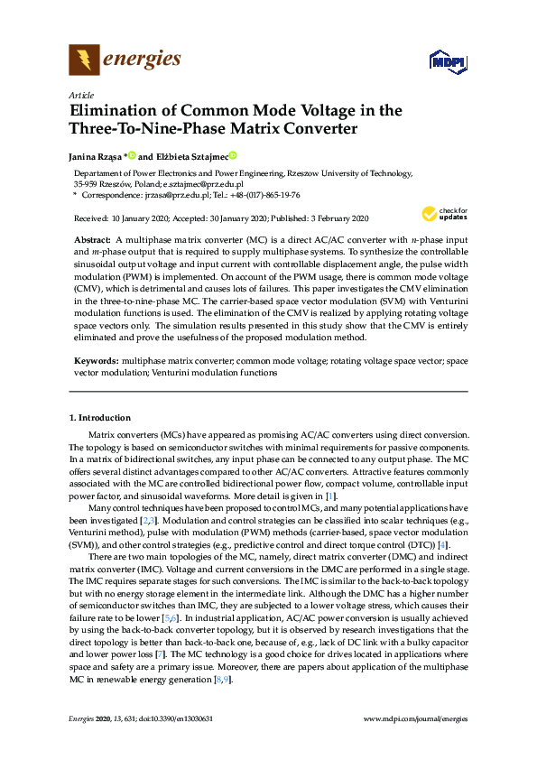 (PDF) Elimination of Common Mode Voltage in the Three-To-Nine-Phase Matrix Converter