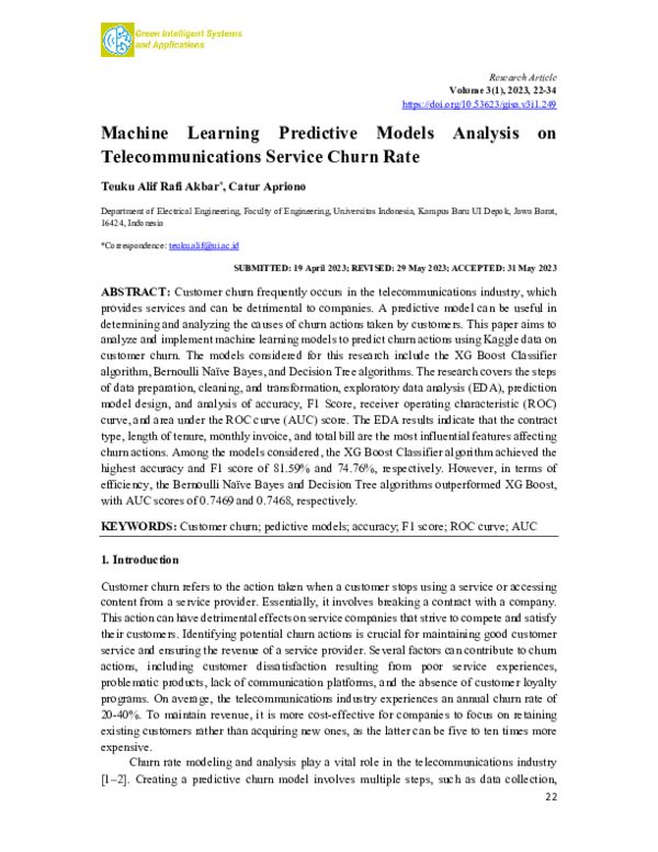 (PDF) Machine Learning Predictive Models Analysis on Telecommunications Service Churn Rate