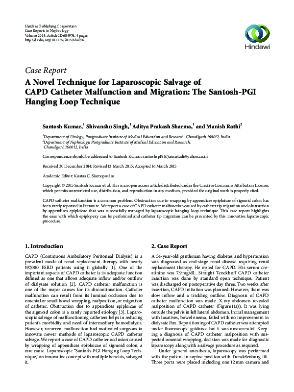 (PDF) A Novel Technique for Laparoscopic Salvage of CAPD Catheter Malfunction and Migration: The ...