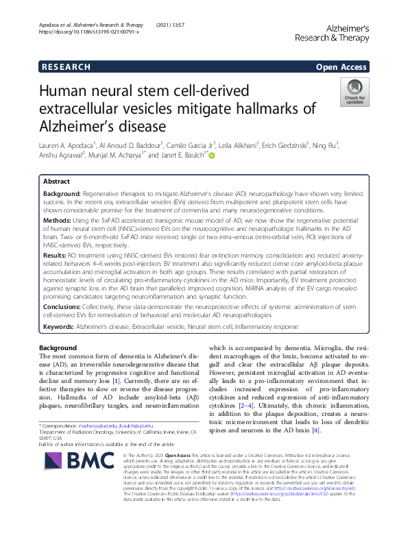 (PDF) Human neural stem cell-derived extracellular vesicles mitigate hallmarks of Alzheimer’s ...