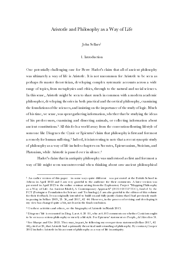 (PDF) Aristotle and Philosophy as a Way of Life