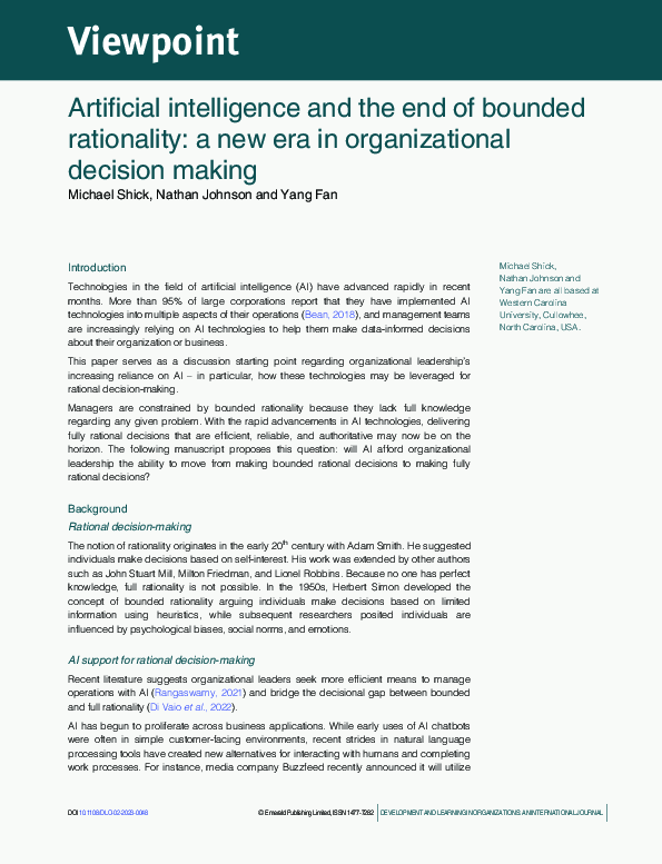 (PDF) Artificial intelligence and the end of bounded rationality: a new era in organizational ...