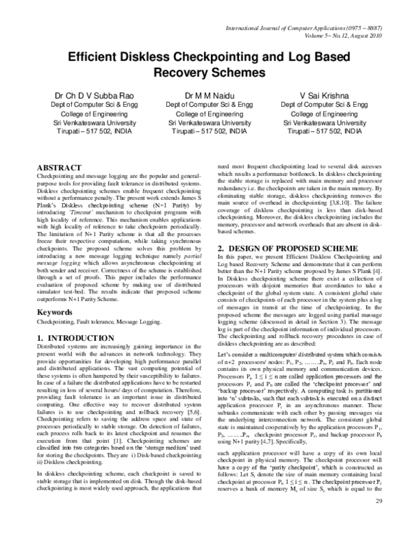 Pdf Efficient Diskless Checkpointing And Log Based Recovery Schemes