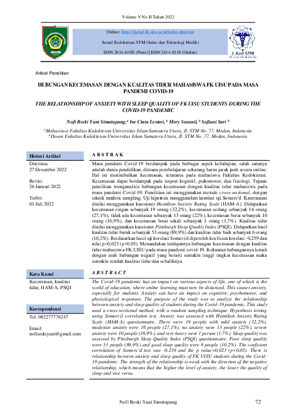 (PDF) Hubungan Kecemasan Dengan Kualitas Tidur Mahasiswa FK Uisu Pada Masa Pandemi COVID-19 ...