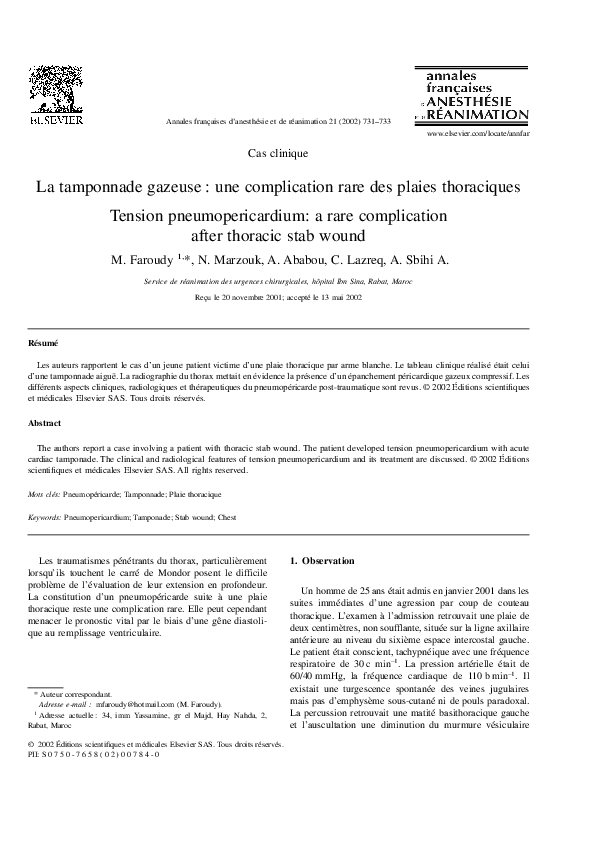 (PDF) La tamponnade gazeuse : une complication rare des plaies ...