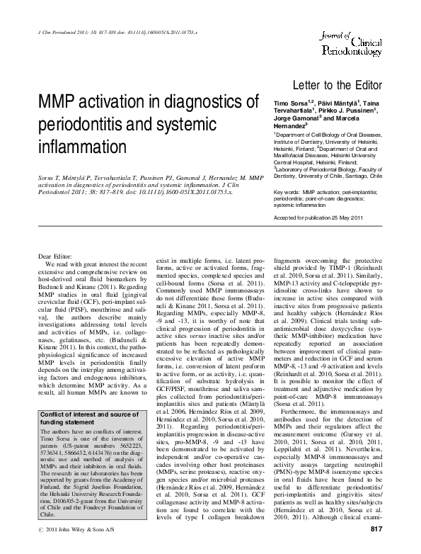 (PDF) MMP activation in diagnostics of periodontitis and systemic ...