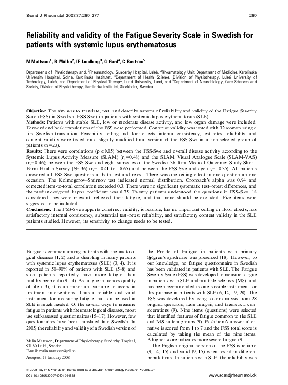 (PDF) Validity and reliability fatigue severity scale in patients with Systemic Lupus ...