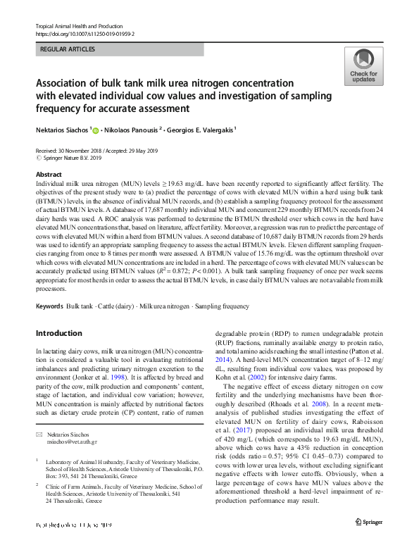(PDF) Association of bulk tank milk urea nitrogen concentration with ...