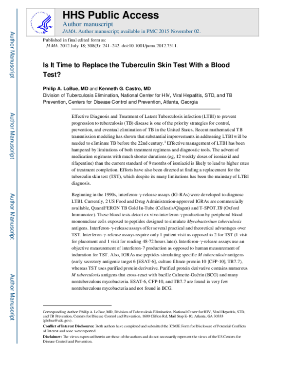 (PDF) Is It Time to Replace the Tuberculin Skin Test With a Blood Test?
