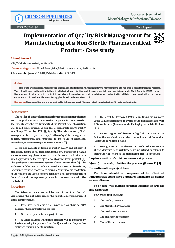 (PDF) Implementation of Quality Risk Management for Manufacturing of a ...