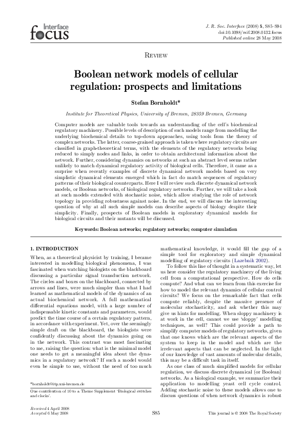 Pdf Boolean Network Models Of Cellular Regulation Prospects And Limitations Stefan