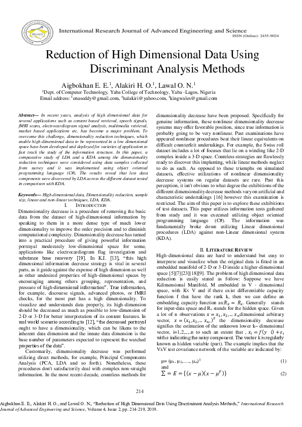 Pdf Reduction Of High Dimensional Data Using Discriminant Analysis Methods