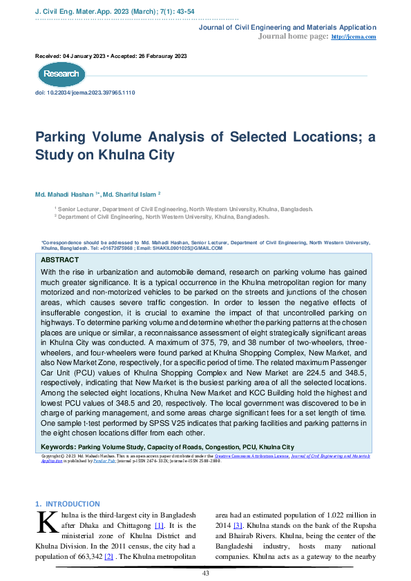 (PDF) Parking Volume Analysis of Selected Locations; a Study on Khulna City