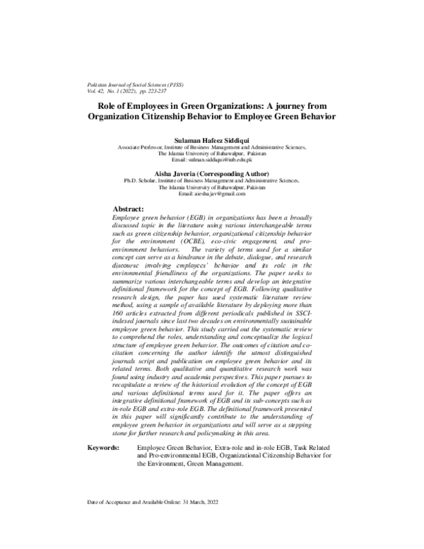 (PDF) Role of Employees in Green Organizations: A journey from Organization Citizenship Behavior ...