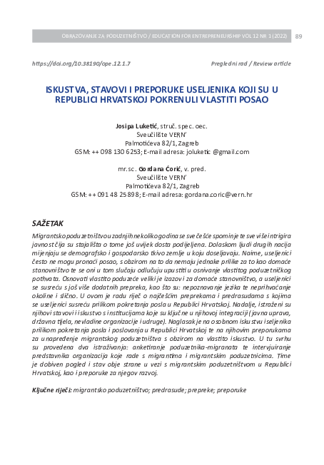 (PDF) Iskustva, stavovi i preporuke useljenika koji su u Republici Hrvatskoj pokrenuli vlastiti ...