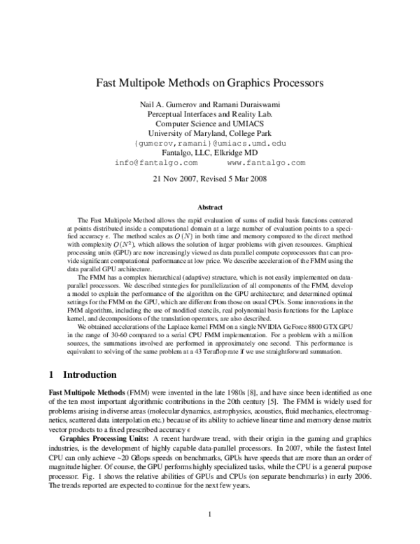 Pdf Fast Multipole Methods On Graphics Processors Ramani Duraiswami