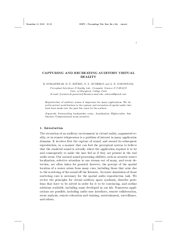 (PDF) Capturing and Recreating Auditory Virtual Reality | Ramani Duraiswami - Academia.edu