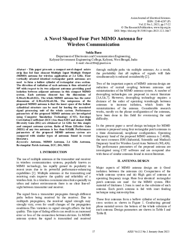 Pdf A Novel Shaped Four Port Mimo Antenna For Wireless Communication