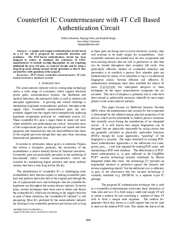 (PDF) Counterfeit IC Countermeasure with 4T Cell Based Authentication Circuit