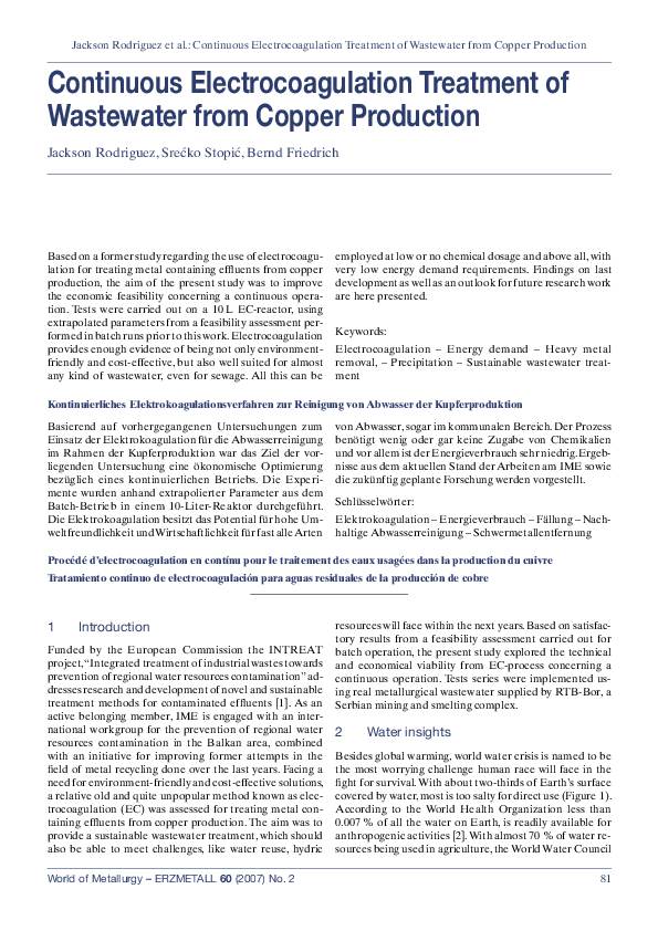 (PDF) Continuous Electrocoagulation Treatment of Wastewater from Copper ...