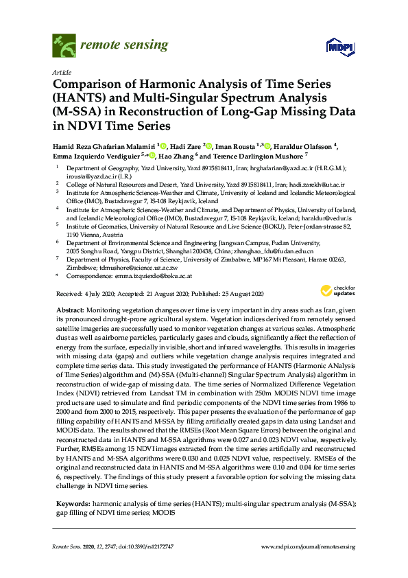 (PDF) Comparison of Harmonic Analysis of Time Series (HANTS) and Multi-Singular Spectrum ...