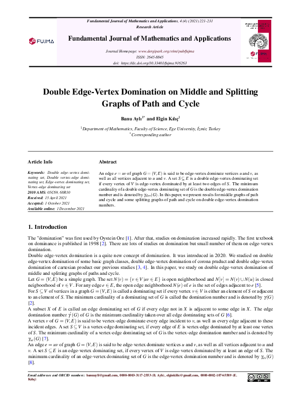 (PDF) Double Edge-Vertex Domination on Middle and Splitting Graphs of Path and Cycle