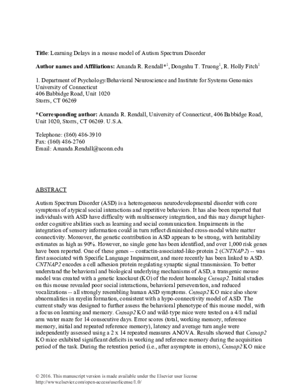 (PDF) Learning delays in a mouse model of Autism Spectrum Disorder