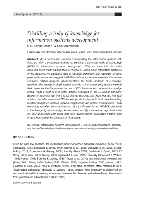 (PDF) Distilling a body of knowledge for information systems development