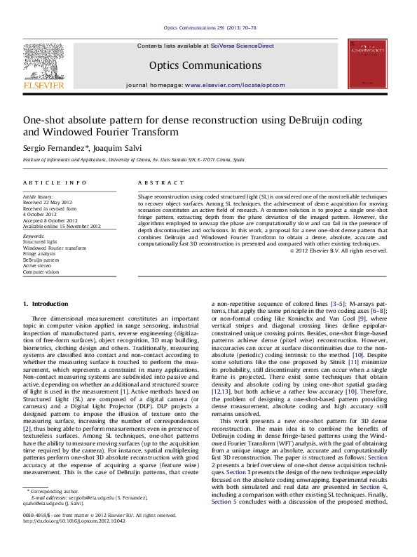 Pdf One Shot Absolute Pattern For Dense Reconstruction Using Debruijn Coding And Windowed