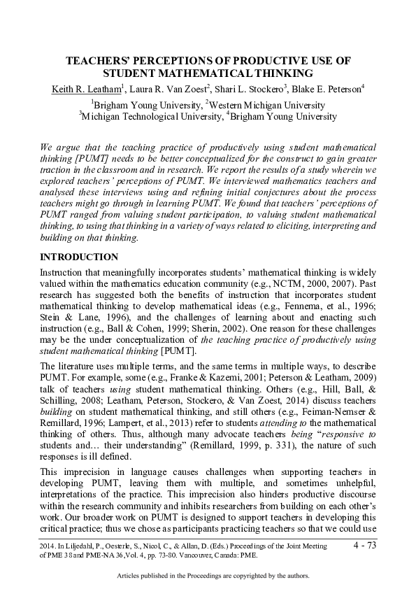 (PDF) Teachers' Perceptions of Productive Use of Student Mathematical Thinking