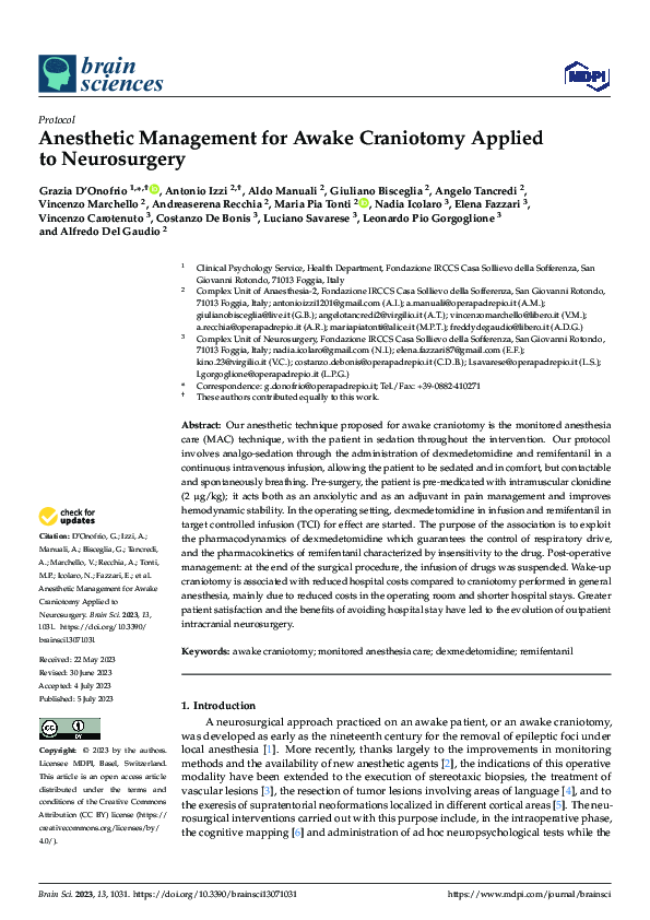 (PDF) Anesthetic Management for Awake Craniotomy Applied to Neurosurgery
