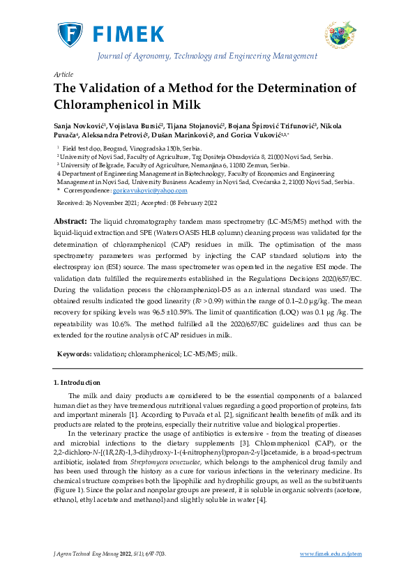 (PDF) The Validation of a Method for the Determination of Chloramphenicol in Milk