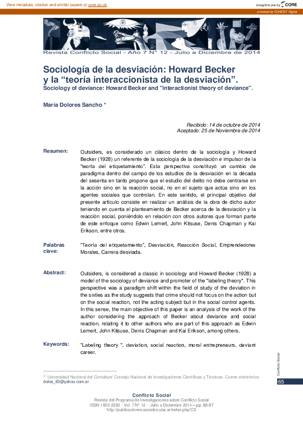 (PDF) Sociology of deviance: Howard Becker and "interactionist theory ...