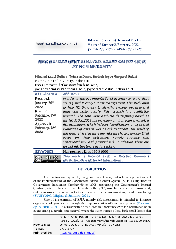 (PDF) Risk Management Analysis Based on ISO 13000 at NC University