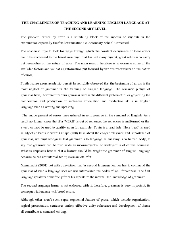(DOC) THE CHALLENGES OF TEACHING AND LEARNING ENGLISH LANGUAGE AT THE ...