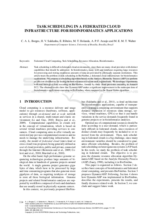 (PDF) Task Scheduling in a Federated Cloud Infrastructure for Bioinformatics Applications