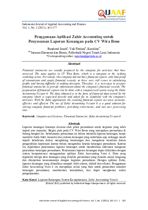 (PDF) Penggunaan Aplikasi Zahir Accounting untuk Penyusunan Laporan Keuangan pada CV Wira Bone