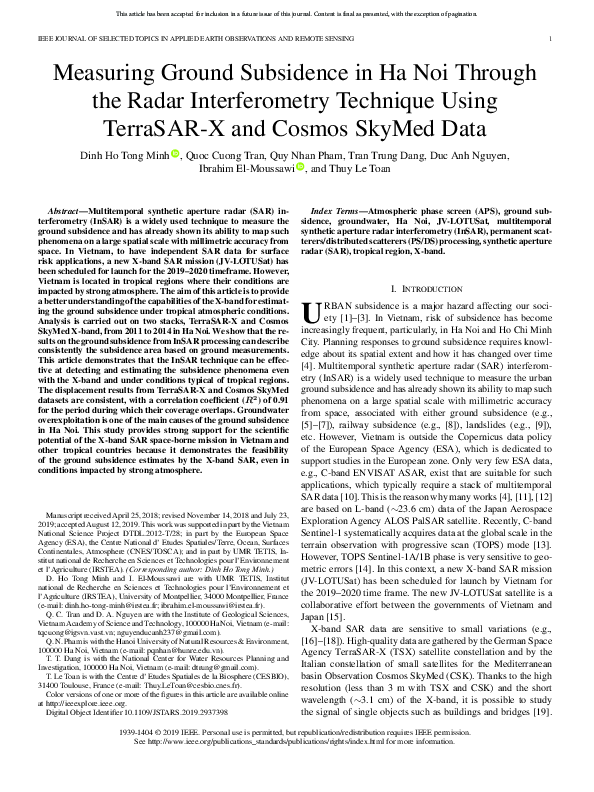 Pdf X Band Insar For Ground Subsidence In Ha Noi