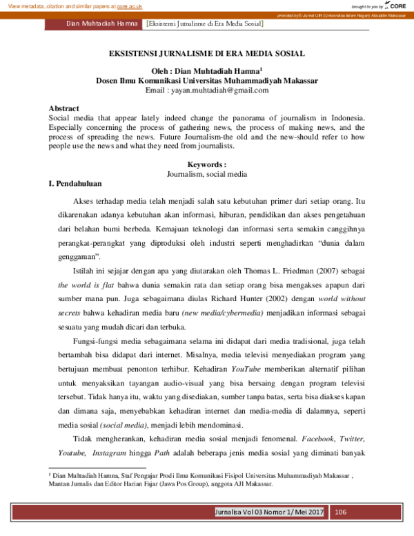 (PDF) Eksistensi Jurnalisme DI Era Media Sosial