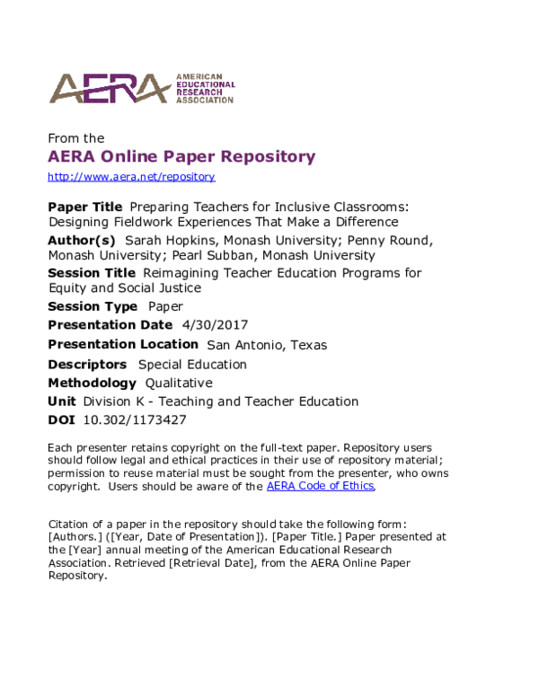 (PDF) Preparing teachers for inclusive classrooms: designing fieldwork ...