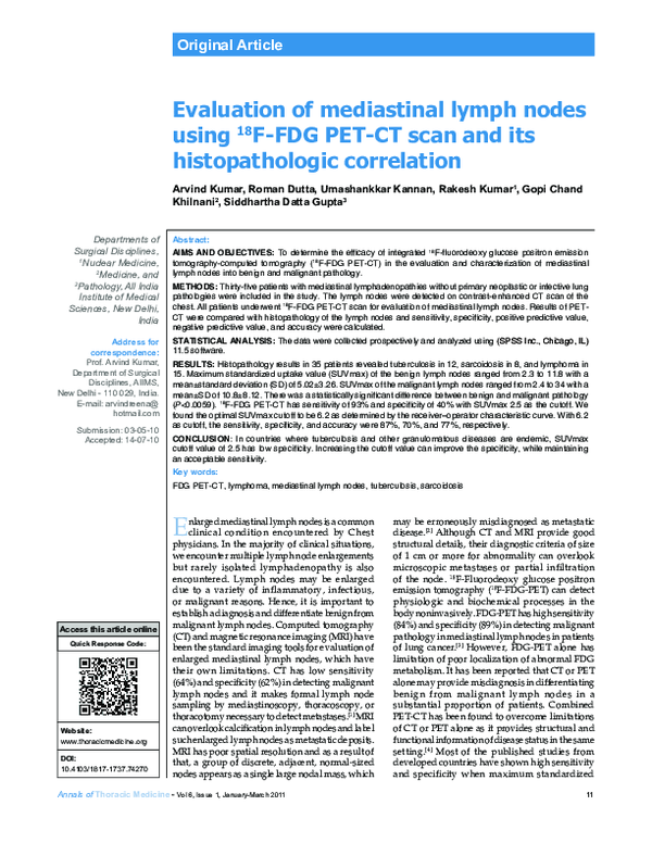 (PDF) Evaluation of mediastinal lymph nodes using18F-FDG PET-CT scan ...