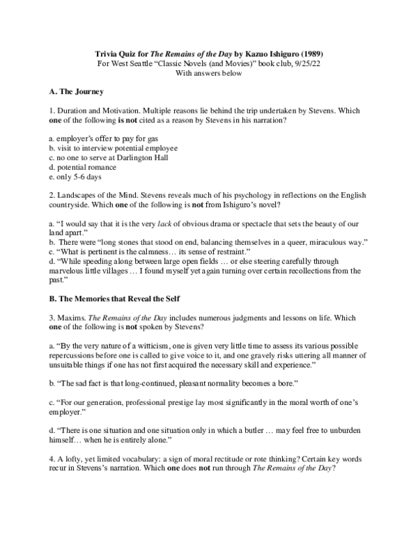 (PDF) Trivia Quiz for "The Remains of the Day" by Kazuo Ishiguro