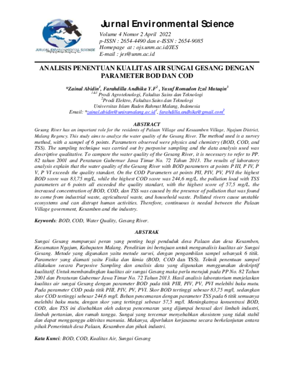 (PDF) Analisis Penentuan Kualitas Air Sungai Gesang Dengan Parameter Bod Dan Cod