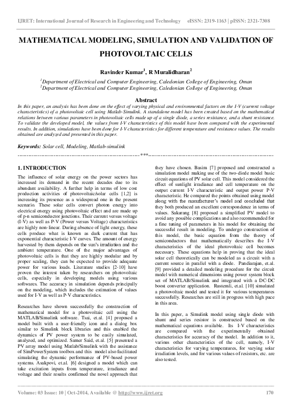 Pdf Mathematical Modeling Simulation And Validation Of Photovoltaic Cells