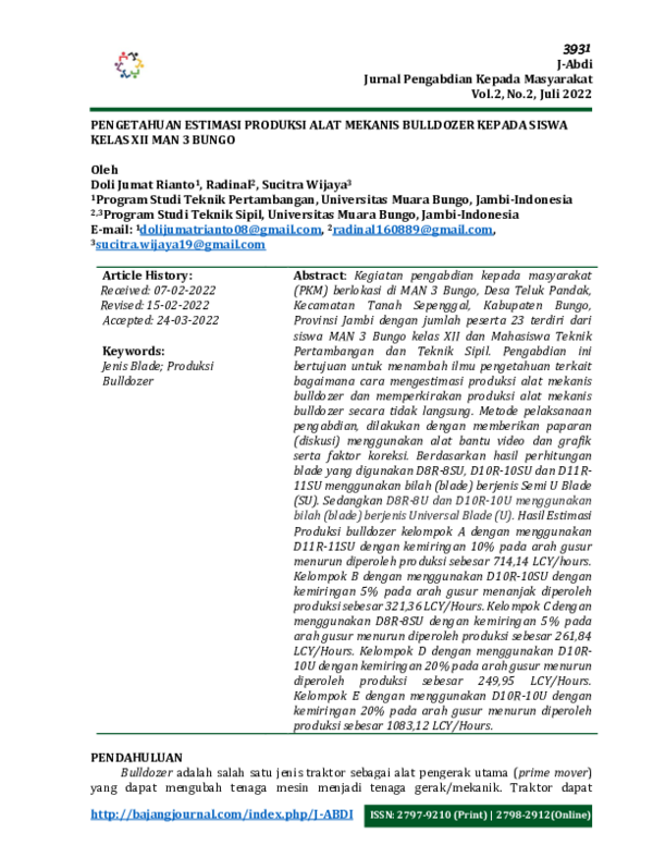 (PDF) Pengetahuan Estimasi Produksi Alat Mekanis Bulldozer Kepada Siswa Kelas XII Man 3 Bungo