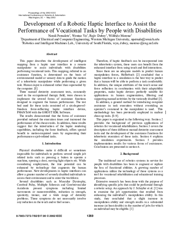 (PDF) Development of a robotic haptic interface to assist the performance of vocational tasks by ...
