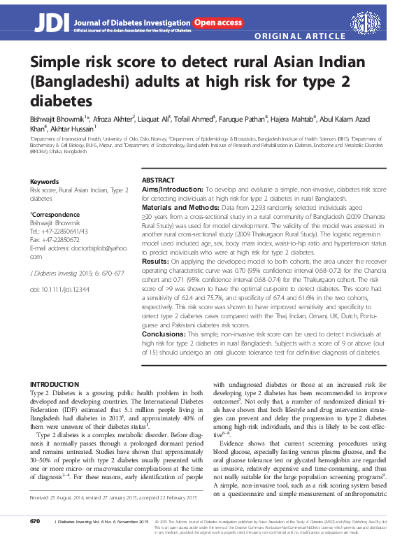 (PDF) Simple risk score to detect rural Asian Indian (Bangladeshi ...